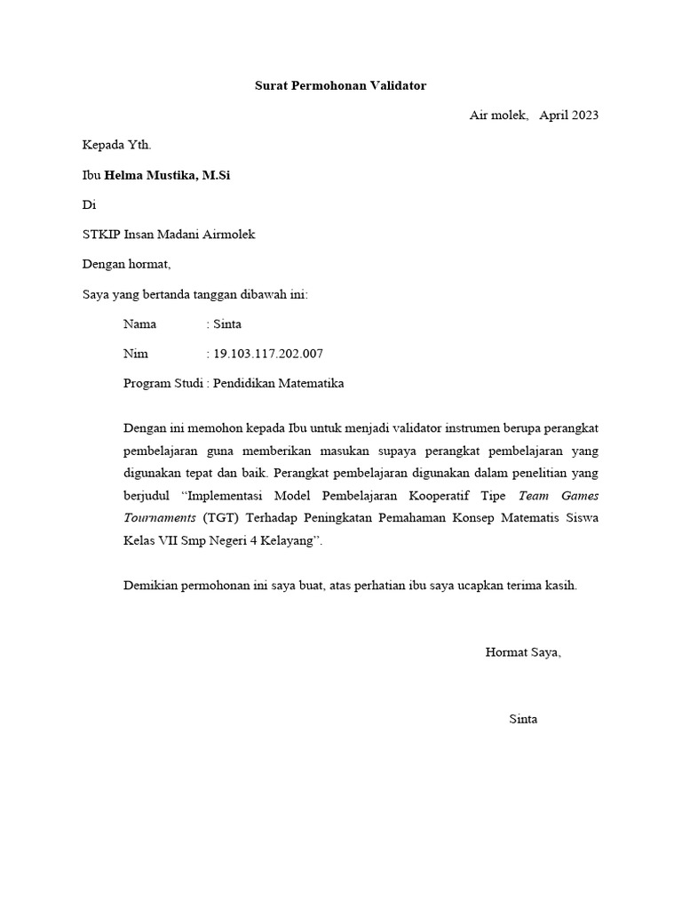 Surat Permohonan Validator | PDF