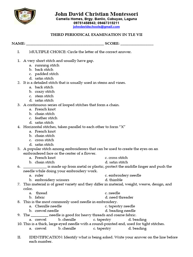 3RD Periodical Examination in Tle 7 | PDF | Embroidery | Textile Arts