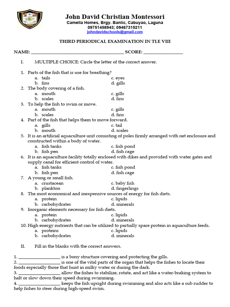3RD Periodical Examination in Tle 8 | PDF | Fish | Aquaculture