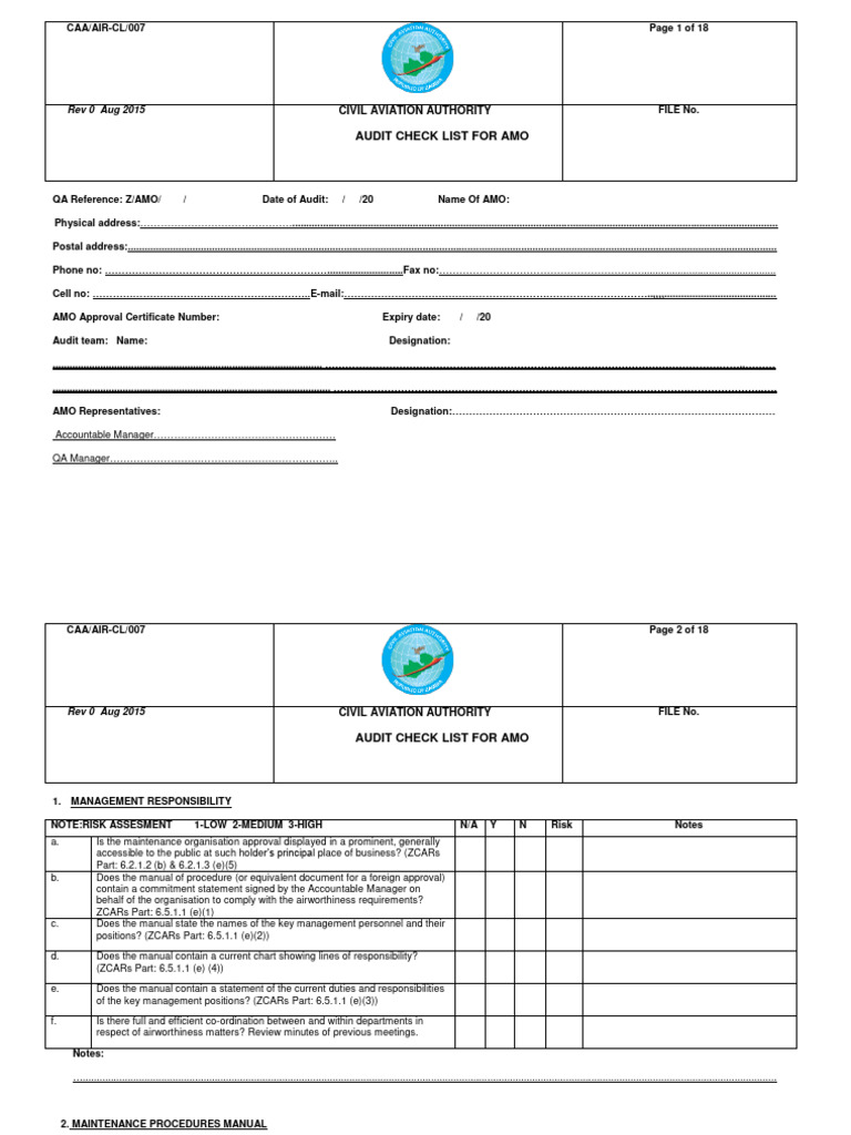 7 Amo Audit Checklist Caa Air Cl-007 | PDF | Audit | Calibration