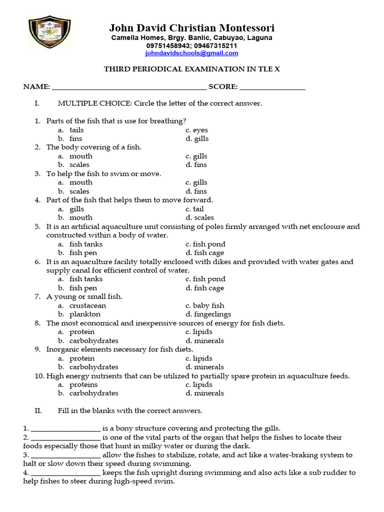 3rd Periodical Examination in Tle 10 | PDF | Fish | Aquaculture