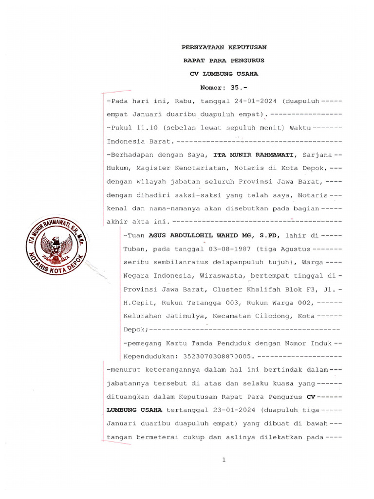 Scan Copy Salinan Akta PKR para Pengurus CV Lumbung Usaha | PDF | Pengelolaan Keuangan & Uang ...