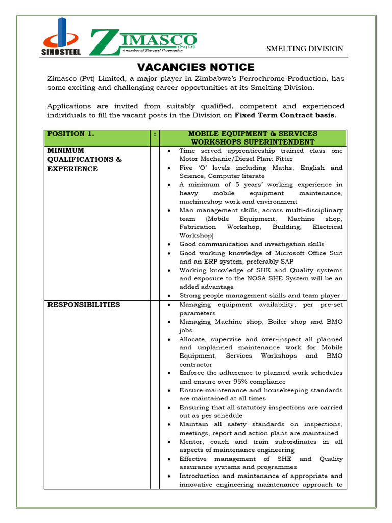 Zimasco Smelting Division - Job Adverts July 2024 | PDF | Metallurgy ...