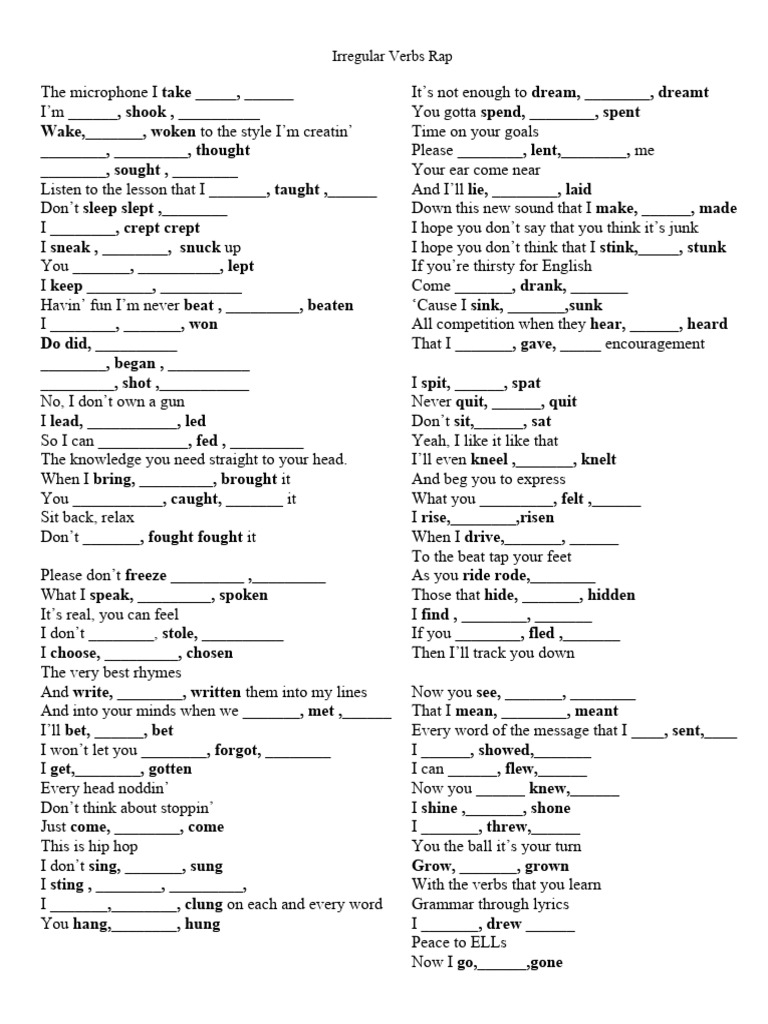 Irregular - Verbs - Rap EXAM | PDF