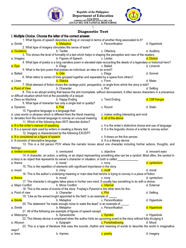 Diagnostic Test for Literary Concepts | PDF | Poetry | Narration