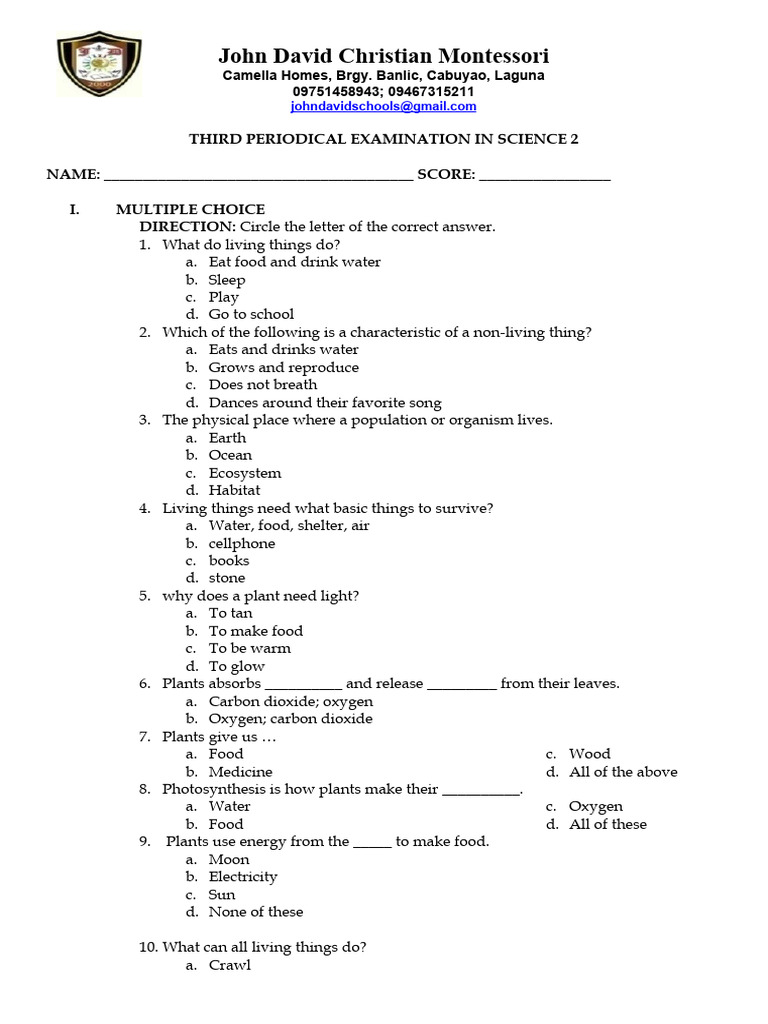 Third Periodical Examination in Science 2 | PDF | Plants | Water