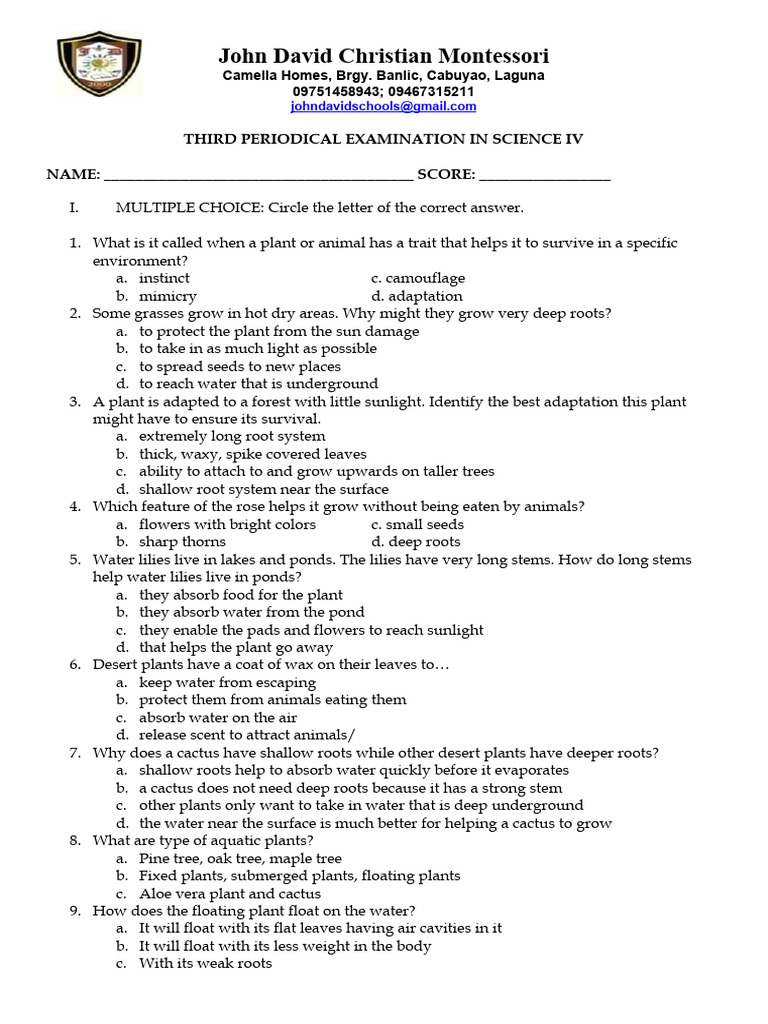 Third Periodical Examination in Science 4 | PDF | Root | Plants