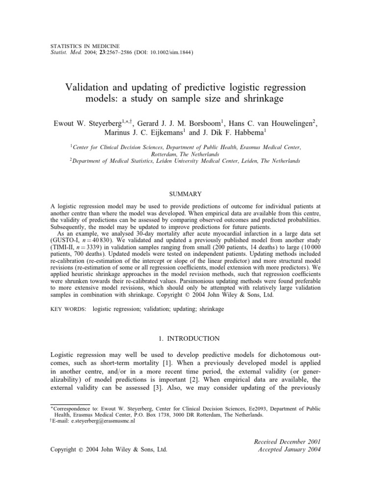 Statistics in Medicine - 2004 - Steyerberg - Validation and Updating of Predictive Logistic ...