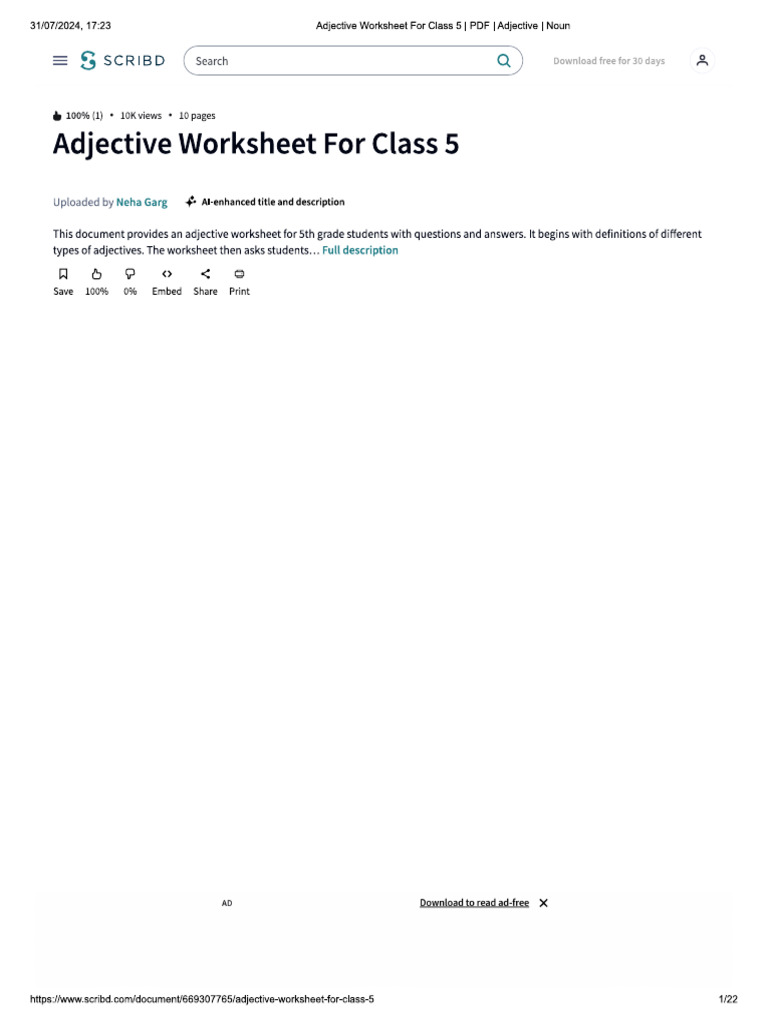 Adjective Worksheet For Class 5 - PDF - Adjective - Noun | PDF ...