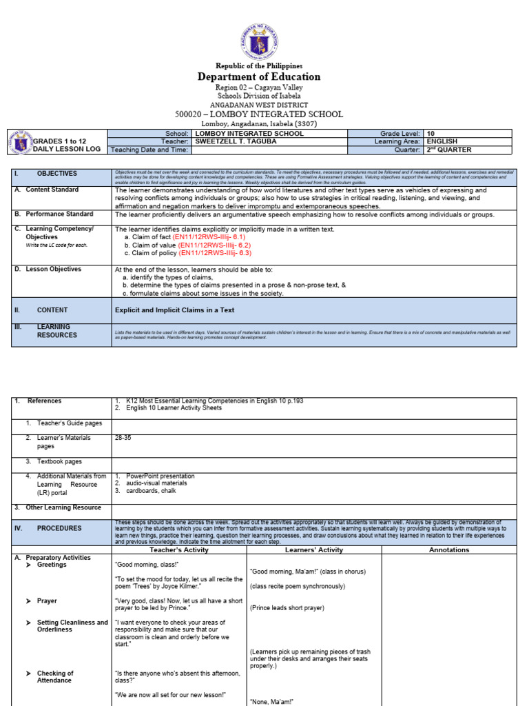 DLP COT2 2023 Grade 10 English | PDF | Learning | Teachers