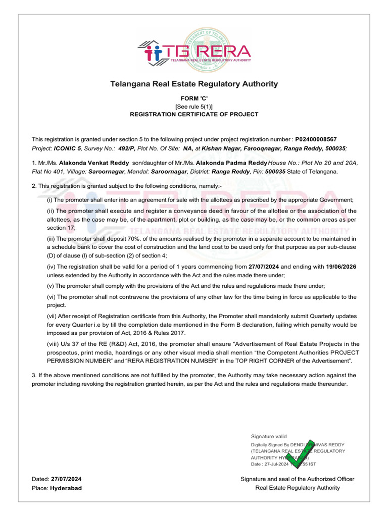 Iconic 5 Rera Certificate1 | PDF
