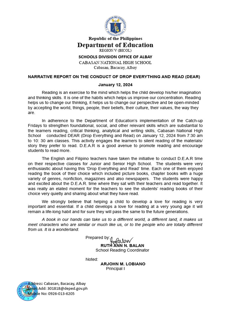 DEAR Program Report at Cabasan High School | PDF | Learning | Cognition
