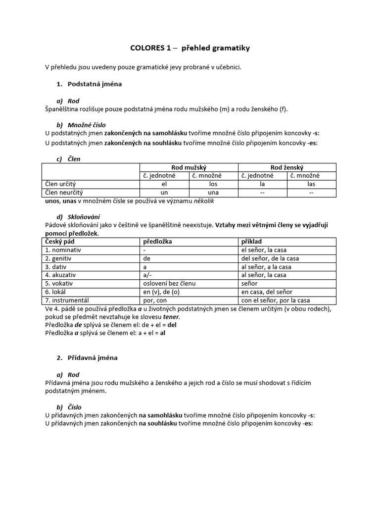 COLORES 1 - Přehled Gramatiky: 1. Podstatná Jména | PDF