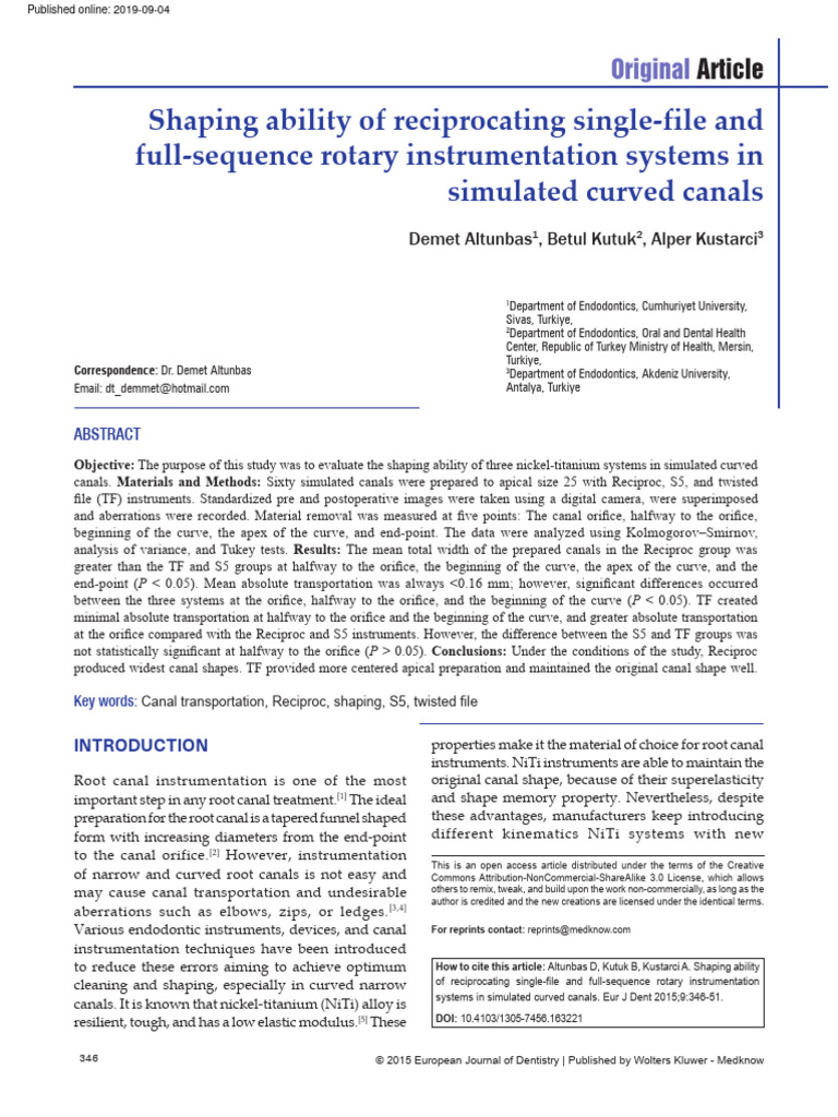 Shaping Ability of Reciprocating Single File and Full Sequence | PDF