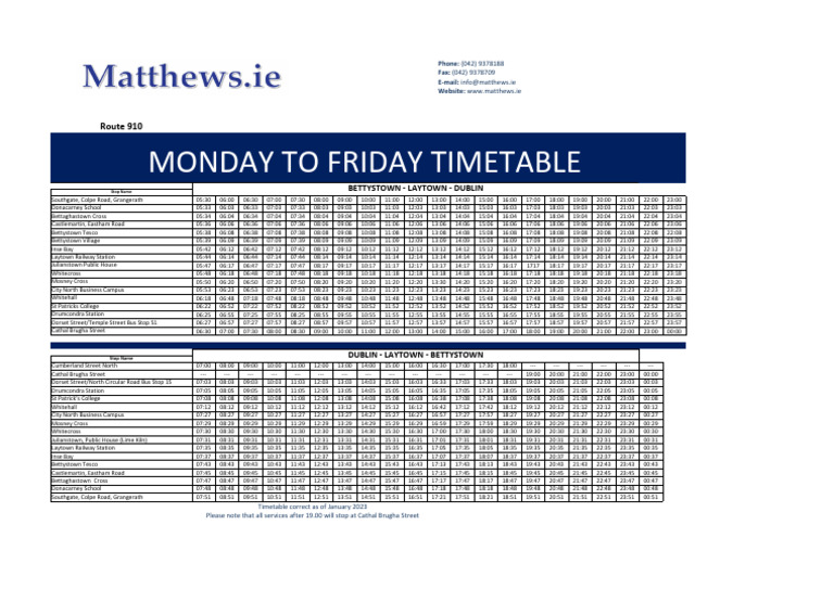 Matthews 910 Timetable Jan 2023 | PDF | Home & Garden
