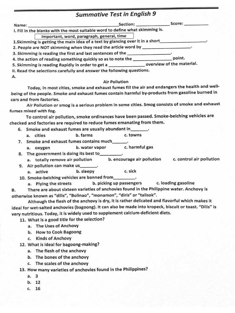 Summative Test in English | PDF