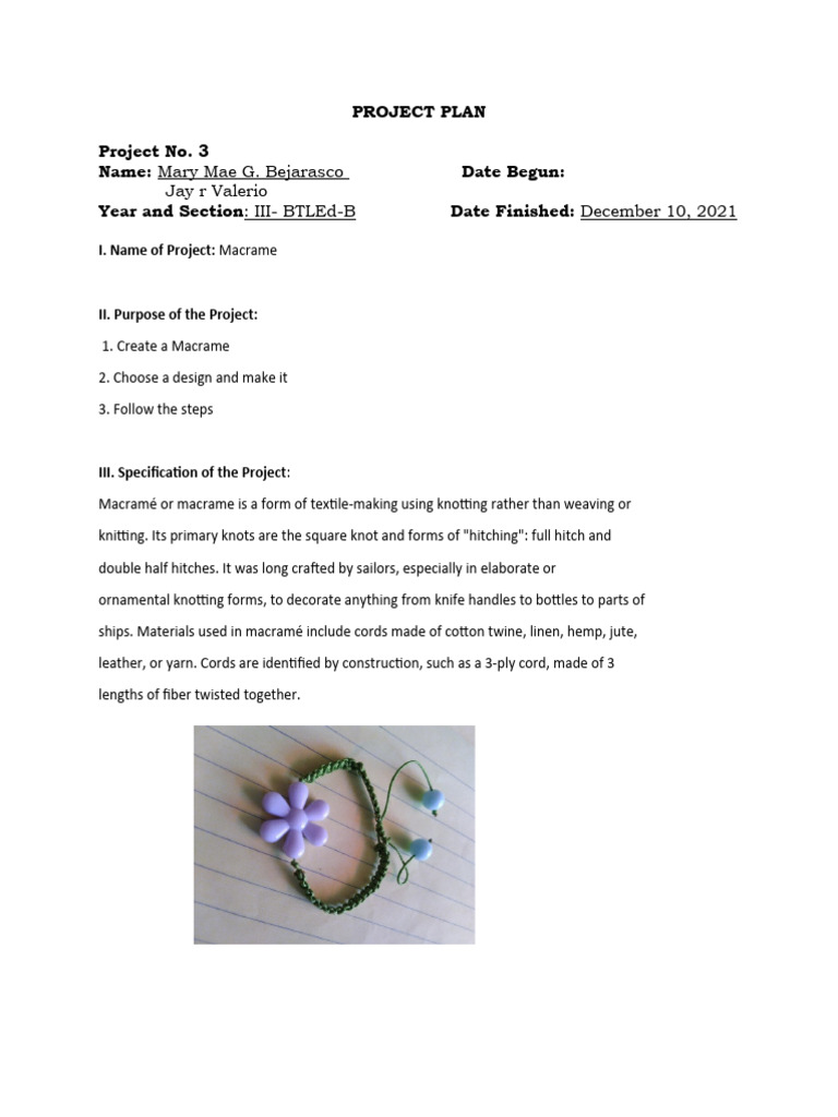 Project Plan at Macrame and Basketry | PDF | Rope | Basket Weaving