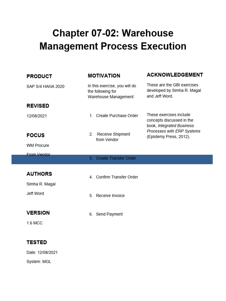 Ch.07-02 WM Procure From Vendor Process - S4 HANA 2020 MCC V1.6 | PDF | Inventory | Warehouse