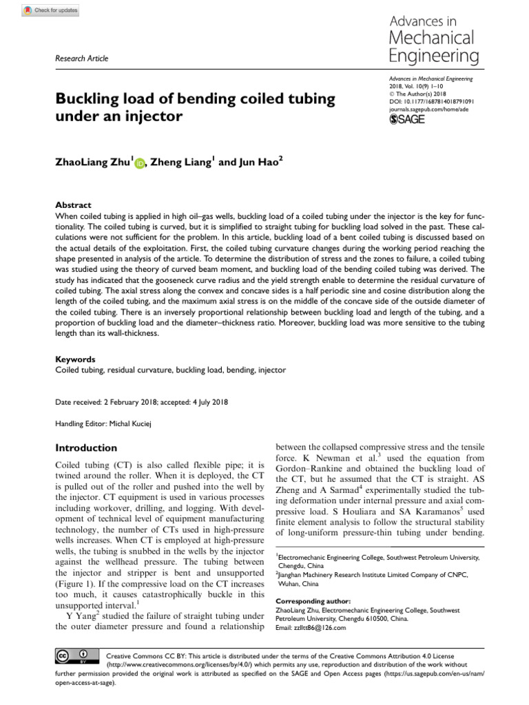 Zhu Et Al 2018 Buckling Load of Bending Coiled Tubing Under An Injector ...