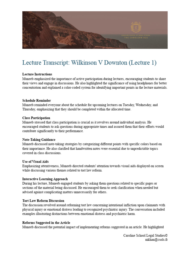 Wilkinson Lecture Transcript | PDF | Tort | Intentional Infliction Of Emotional Distress