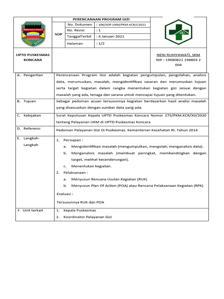 Sop Perencanaan Program Gizi | PDF