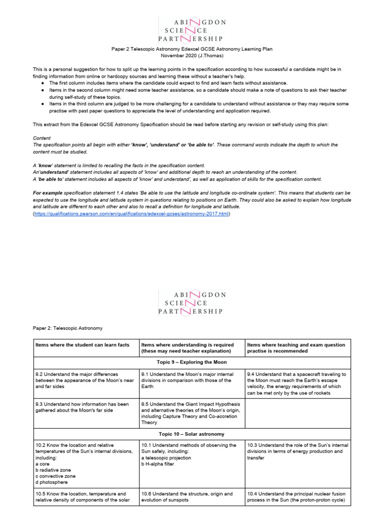 Paper 2 Telescopic Astronomy Edexcel GCSE Astronomy Learning Plan | PDF ...