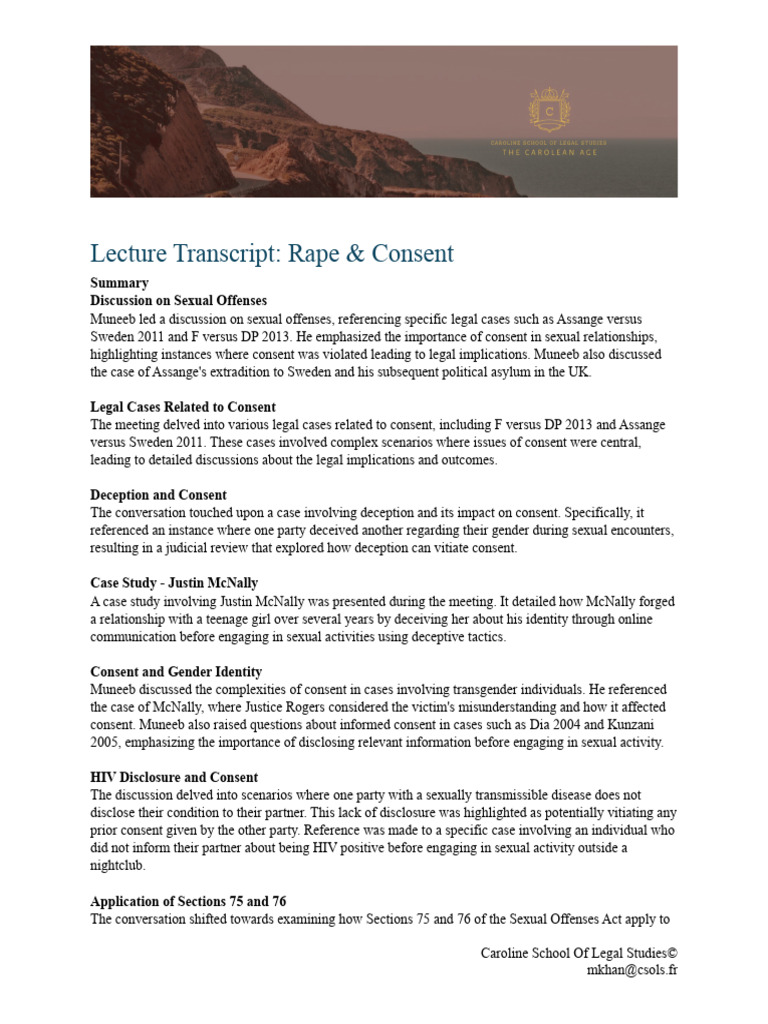 Lecture Transcript Rape & Consent (Criminal Law) | PDF | Rape | Human Sexual Activity