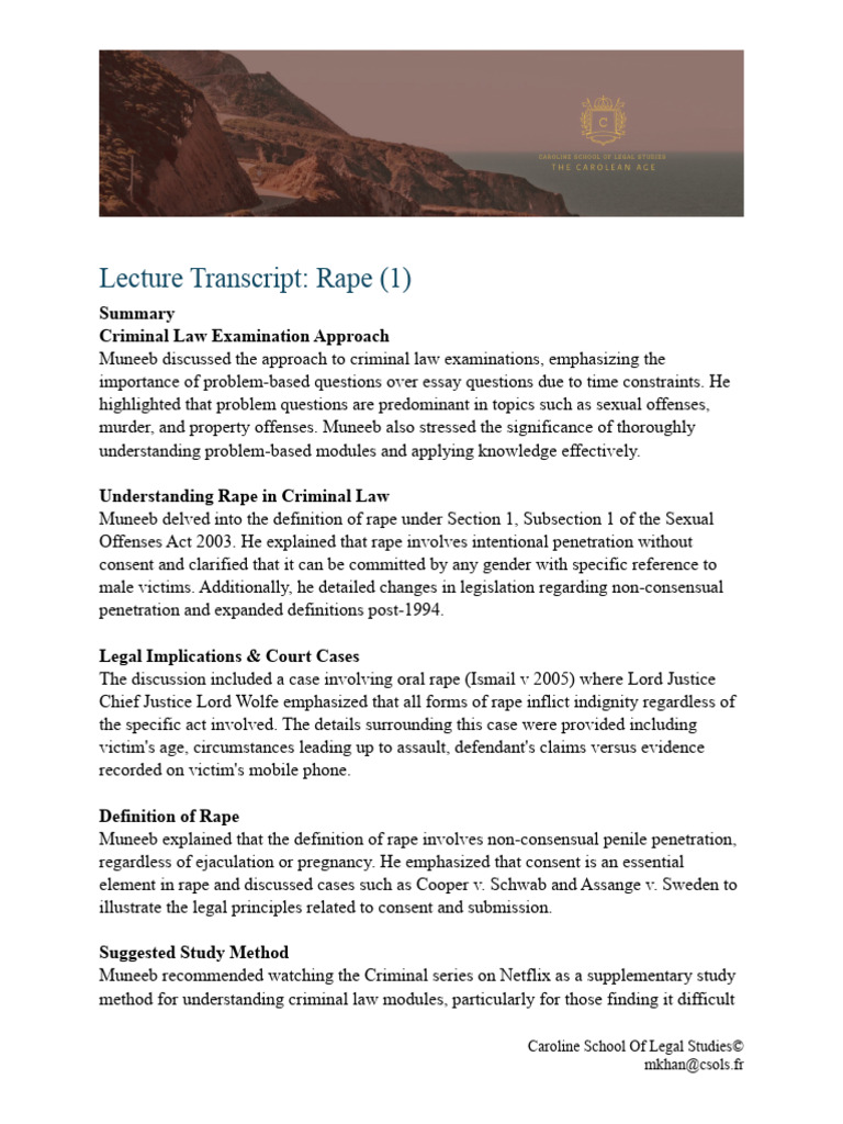 Lecture Transcript Rape (1) (Criminal Law) | PDF | Rape | Consent