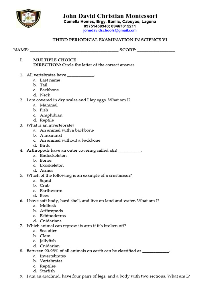 Third Periodical Examination in Science Vi | PDF | Invertebrate ...