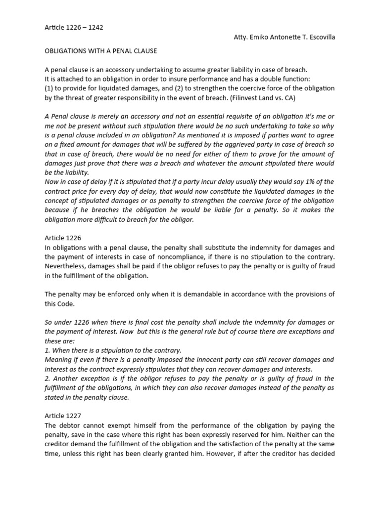 Understanding Penal Clauses in Obligations | PDF | Interest | Damages