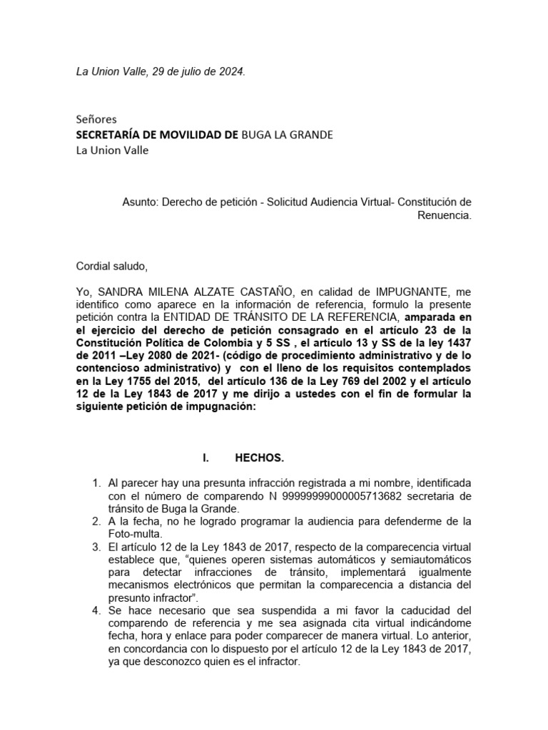 Derecho de Peticion Solicitud Audiencia Virtual Mejorado | PDF | Debido al proceso | Justicia