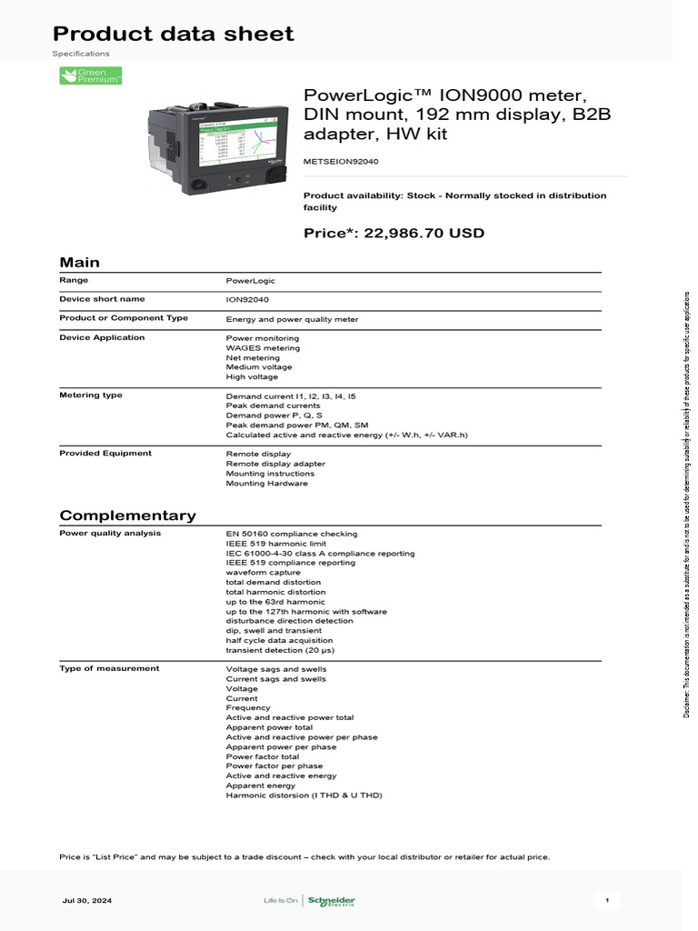 Product Data Sheet: Powerlogic™ Ion9000 Meter, Din Mount, 192 MM ...