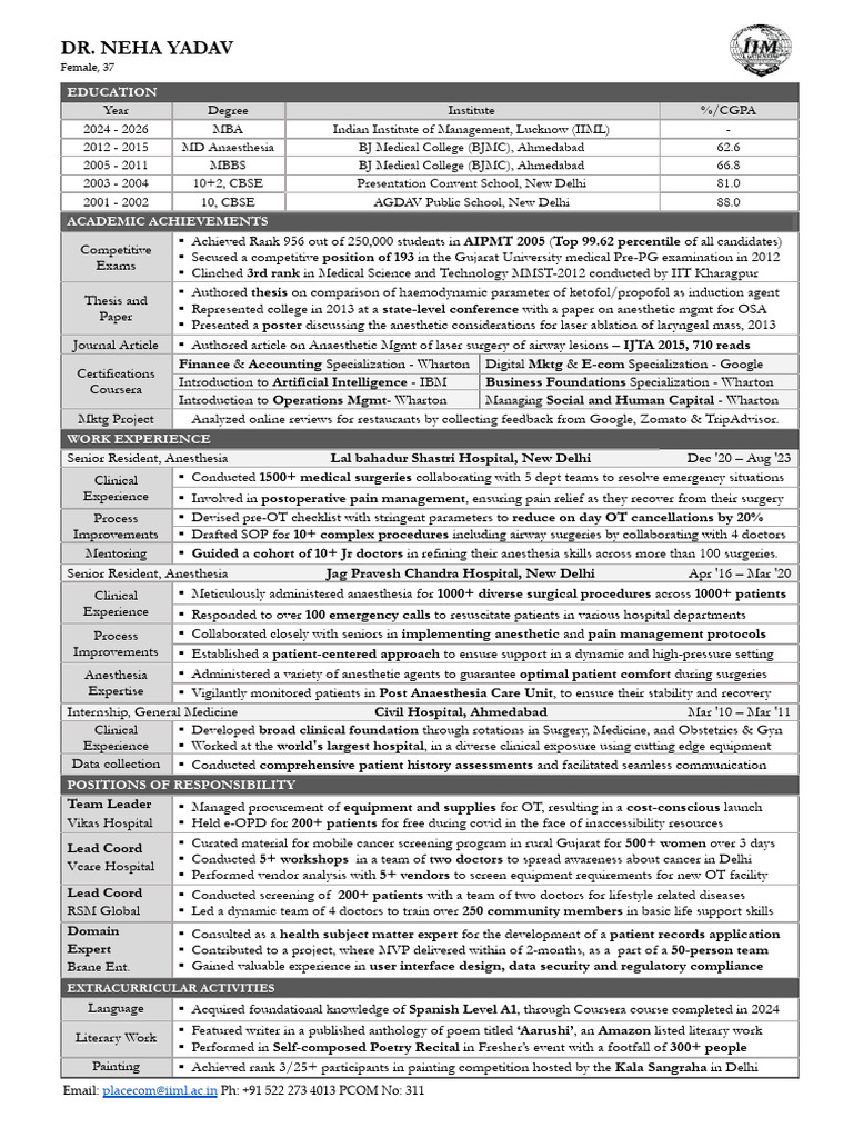 311 Neha Yadav CV | PDF | Anesthesia | Surgery