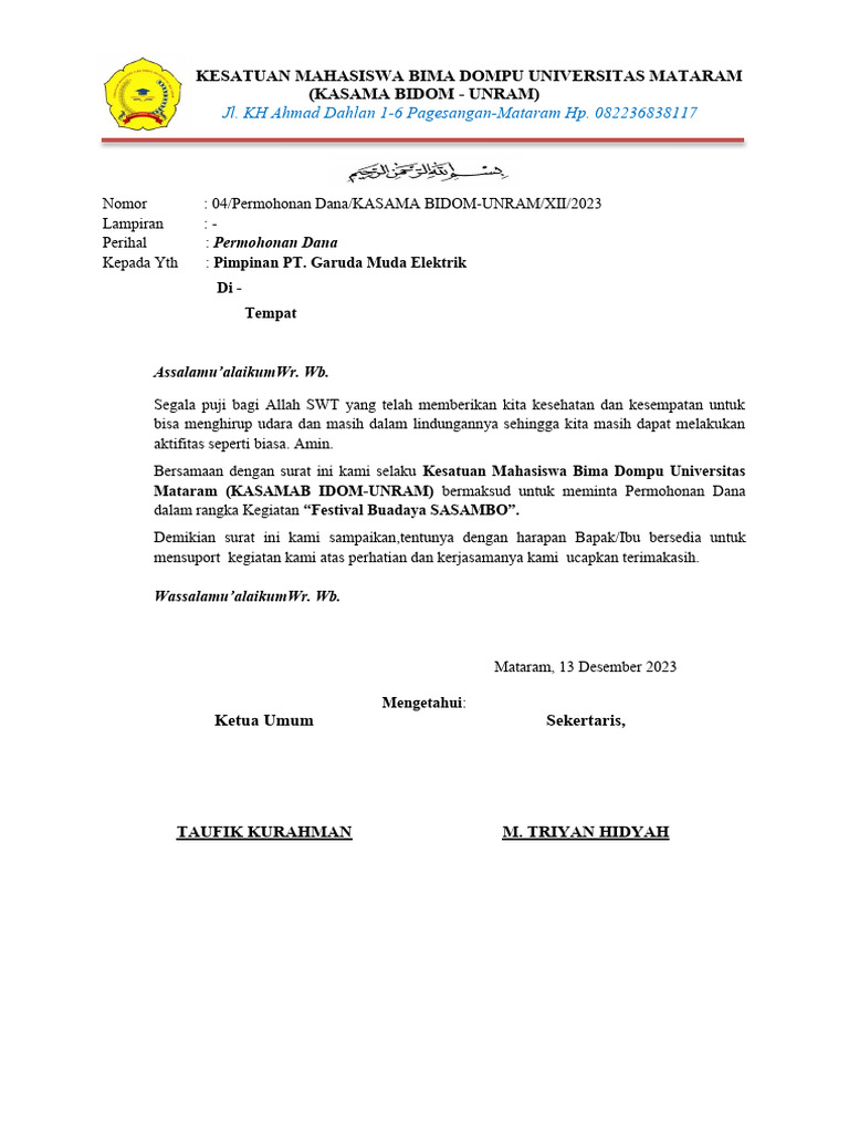 Surat Kasama Bidom Unram | PDF