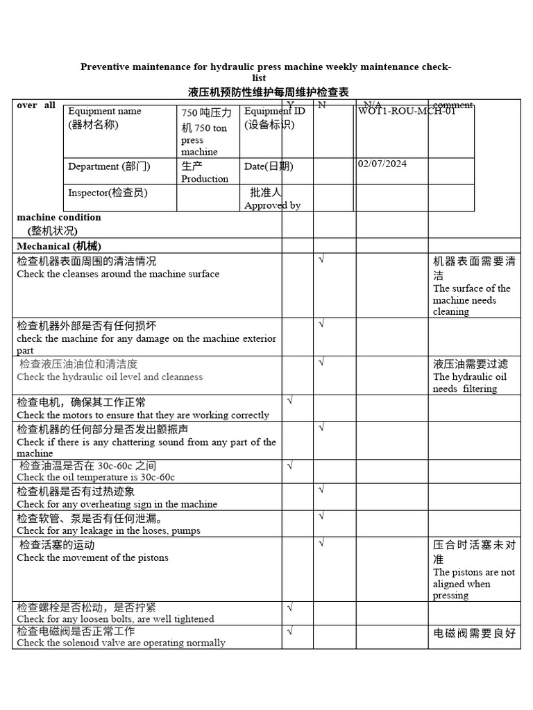Preventive Maintenance Checklist For Hydraulic Press Ultimate