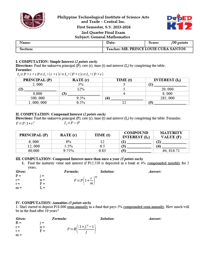 GenMath 2nd Quarter Exam | PDF | Interest | Compound Interest