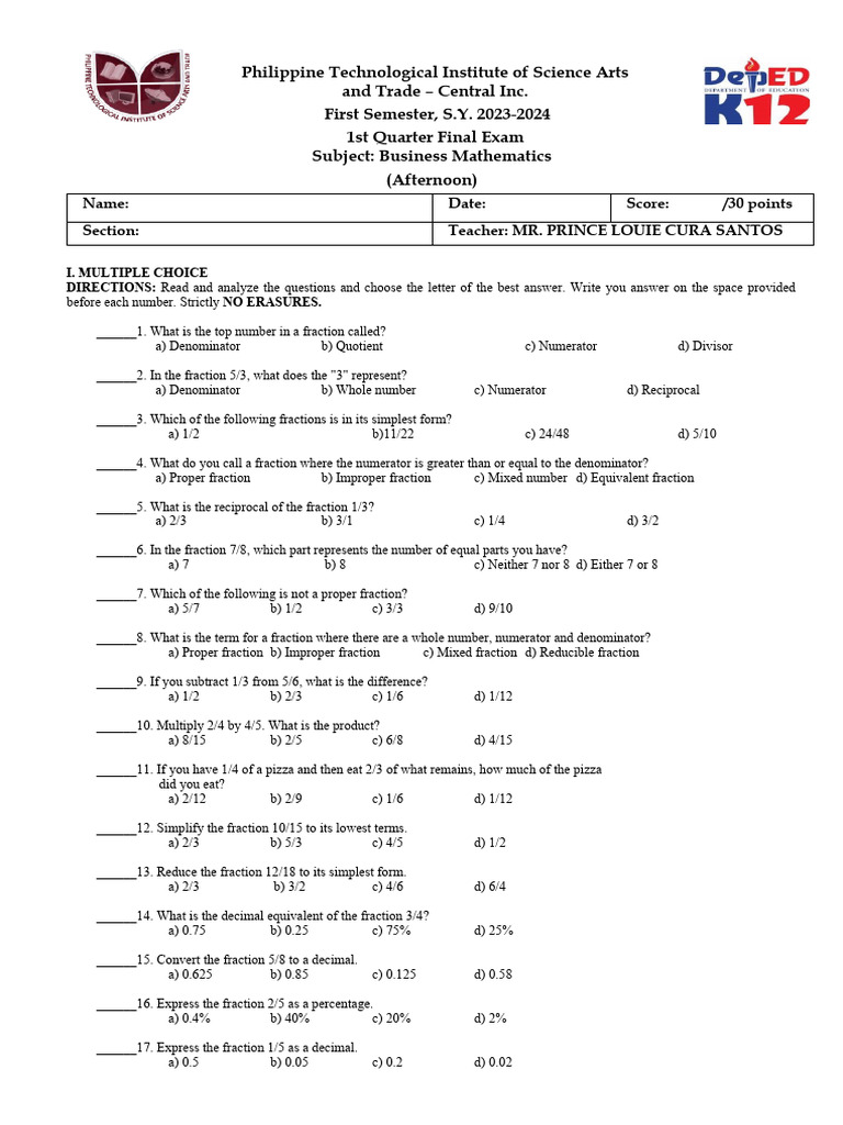 Business Mathematics Exam Questions | PDF | Odds | Elementary Mathematics
