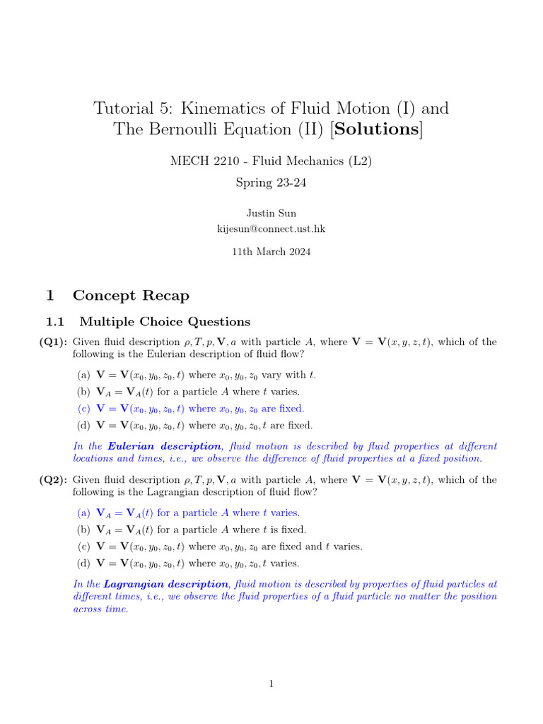 MECH2210 Tutorial 5 Solution | PDF | Momentum | Fluid Dynamics