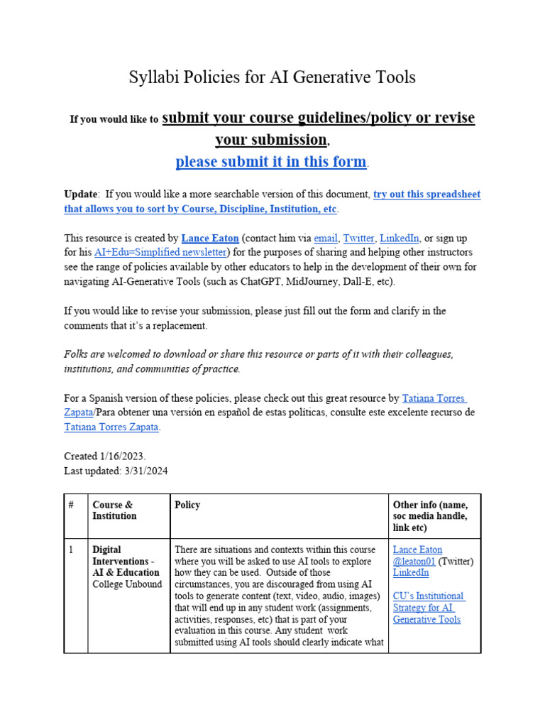 Syllabi Policies For AI Generative Tools | PDF | Artificial ...