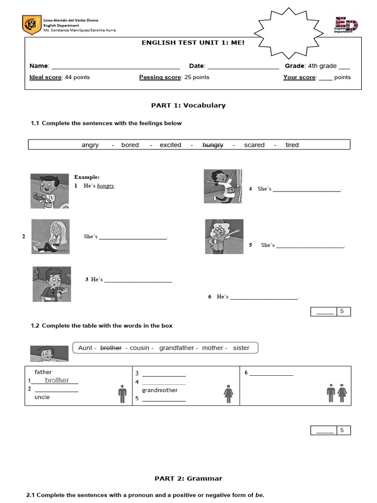 English Test Unit 1 4th Grade | PDF | Grammar | Human Communication