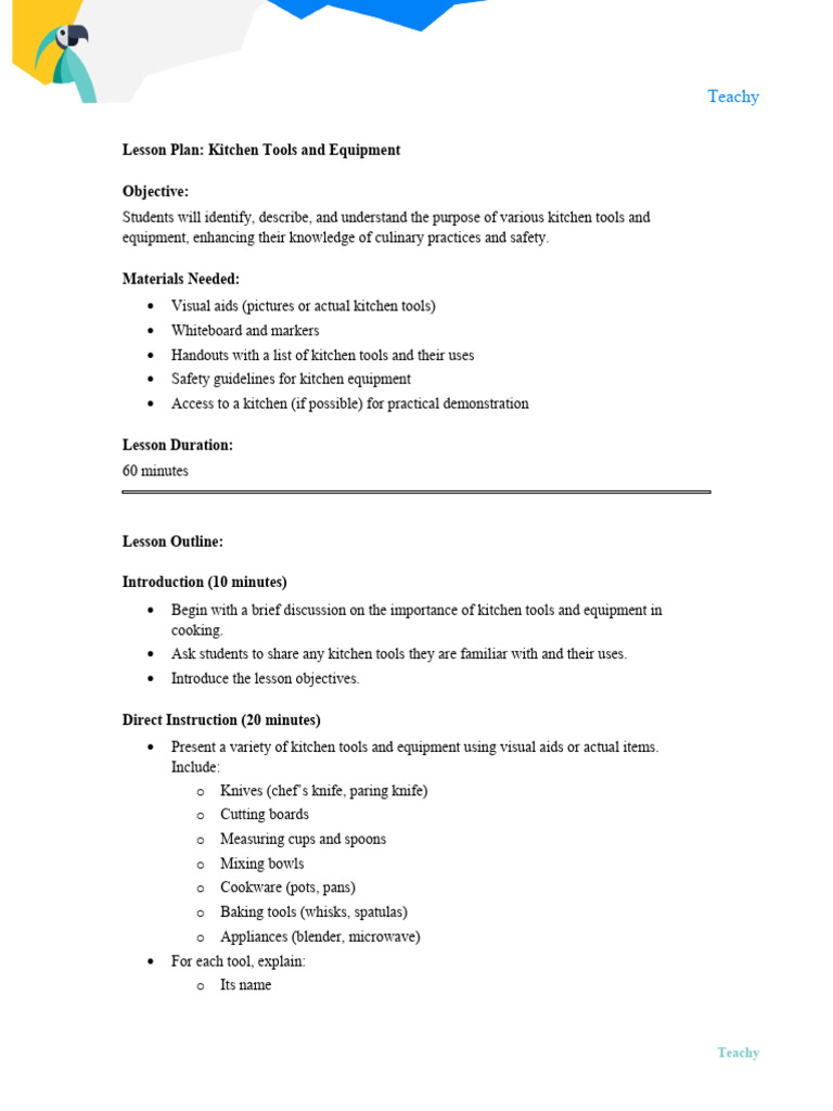 Lesson Plan Kitchen Tools and Equipment | PDF | Kitchen | Cookware And ...