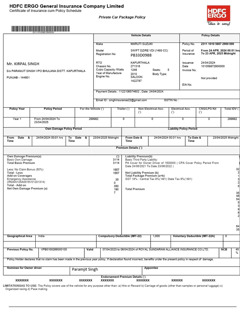 HDFC ERGO Car Insurance Policy Details | PDF | Insurance | Deductible