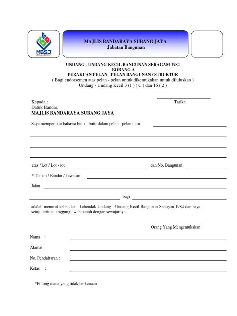Borang F Majlis Bandaraya Subang Jaya Jabatan Bangunan: Jadual Kedua | PDF