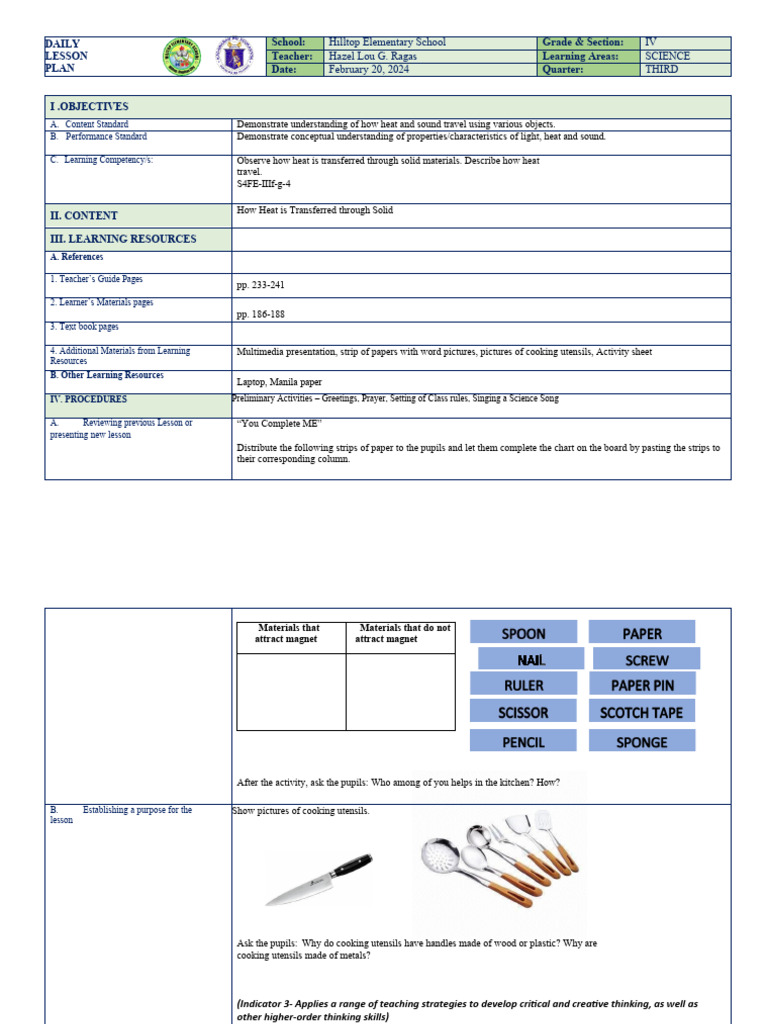 DLP Sci 4 Q3 W4 Final DLP | PDF | Thermal Conduction | Heat