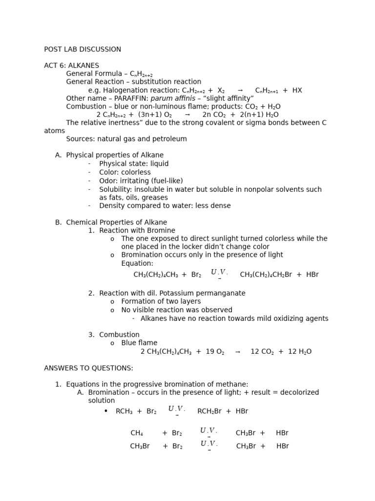 Post Lab Discussion | PDF | Alkene | Alkane