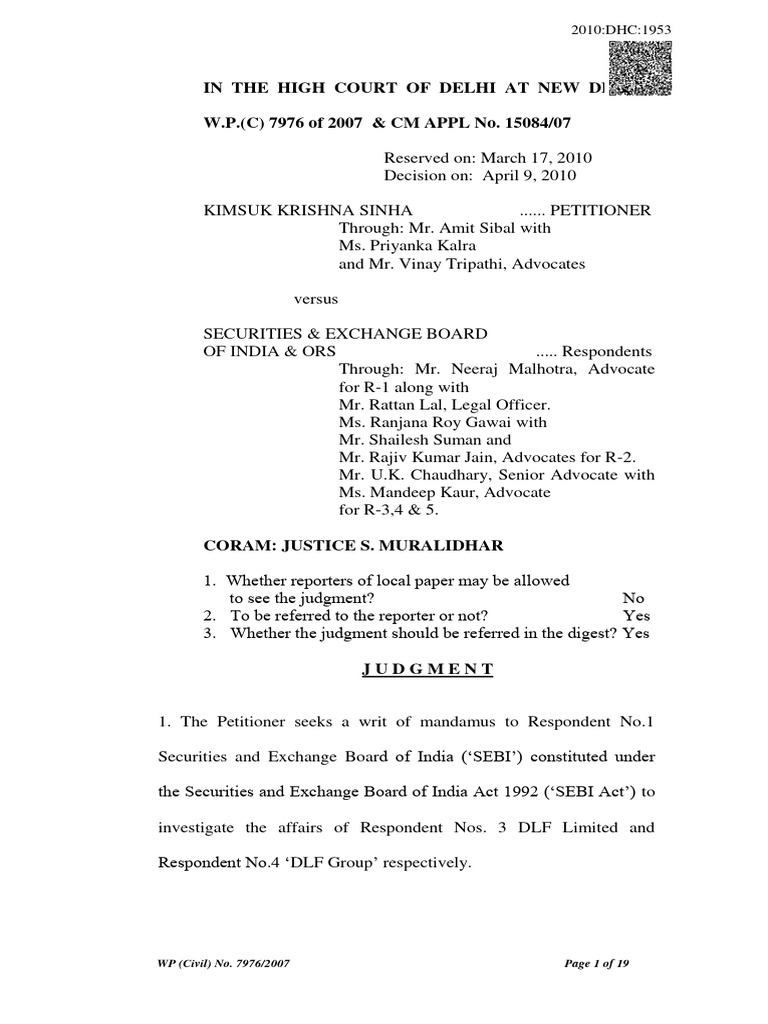 Kimsuk Krishna Sinha v. SEBI | PDF | Complaint | Discovery (Law)