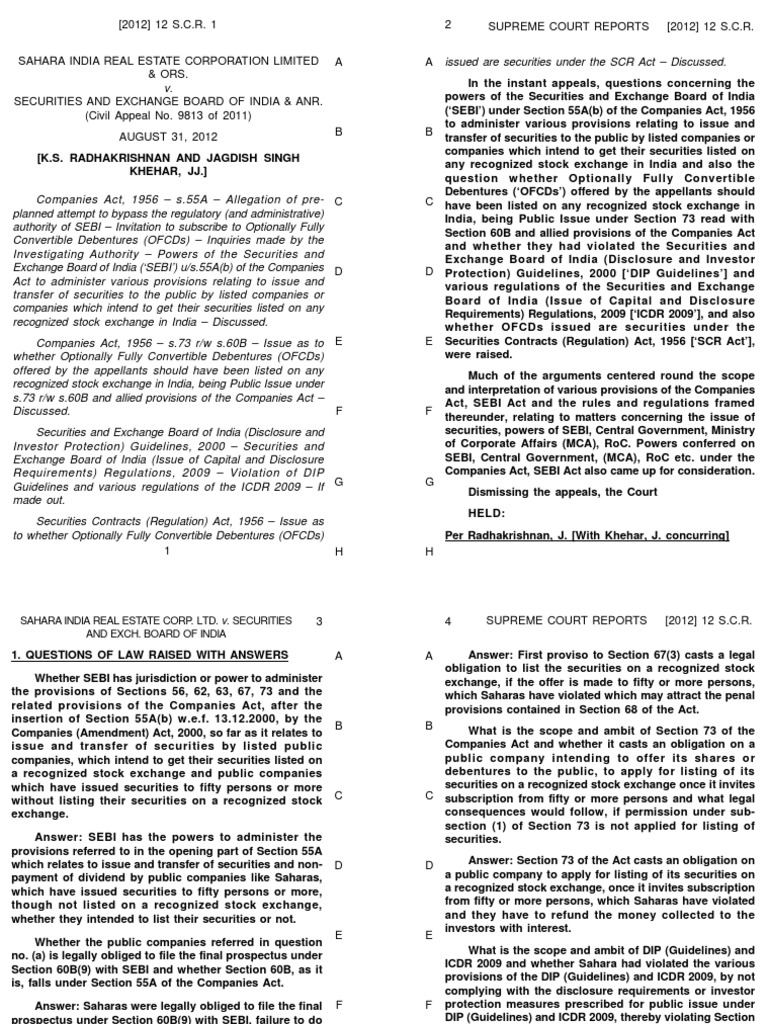 Sahara v SEBI 2012 | PDF | Securities (Finance) | Stocks