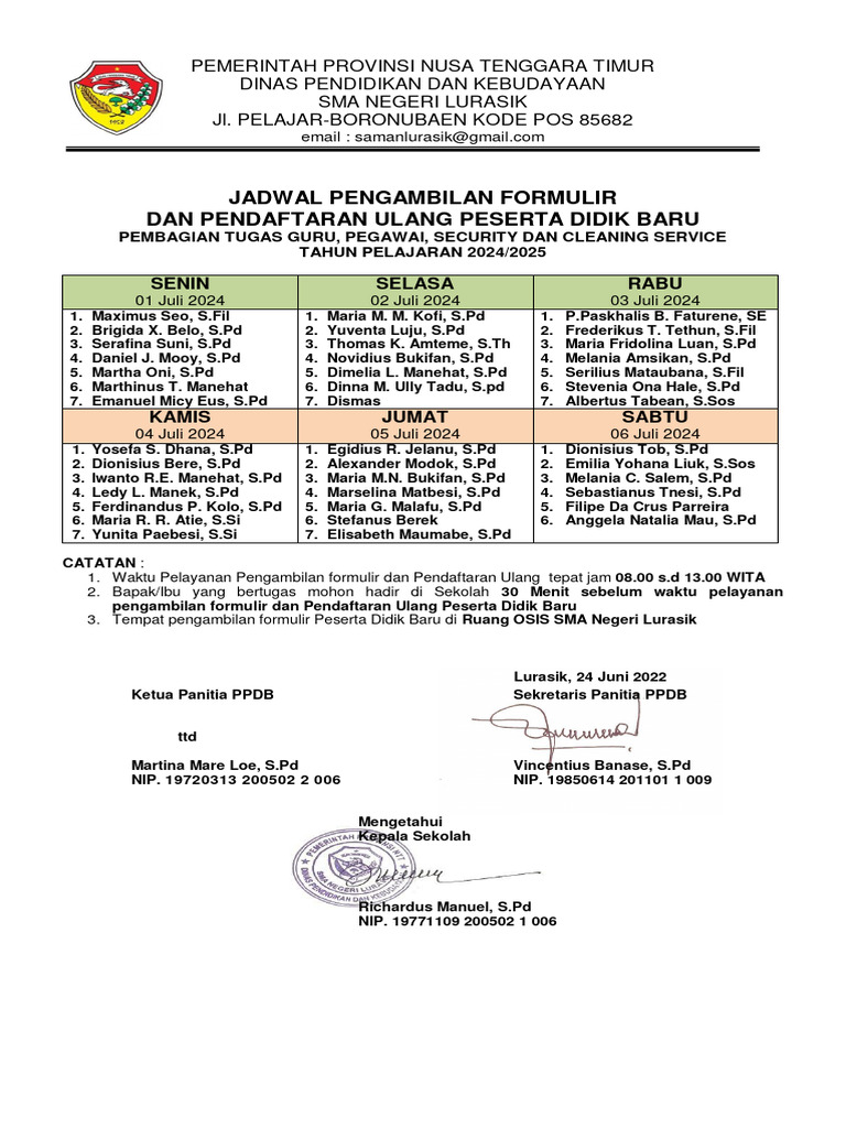 Jadwal Tugas PPDB Sman Lurasik 2024 | PDF
