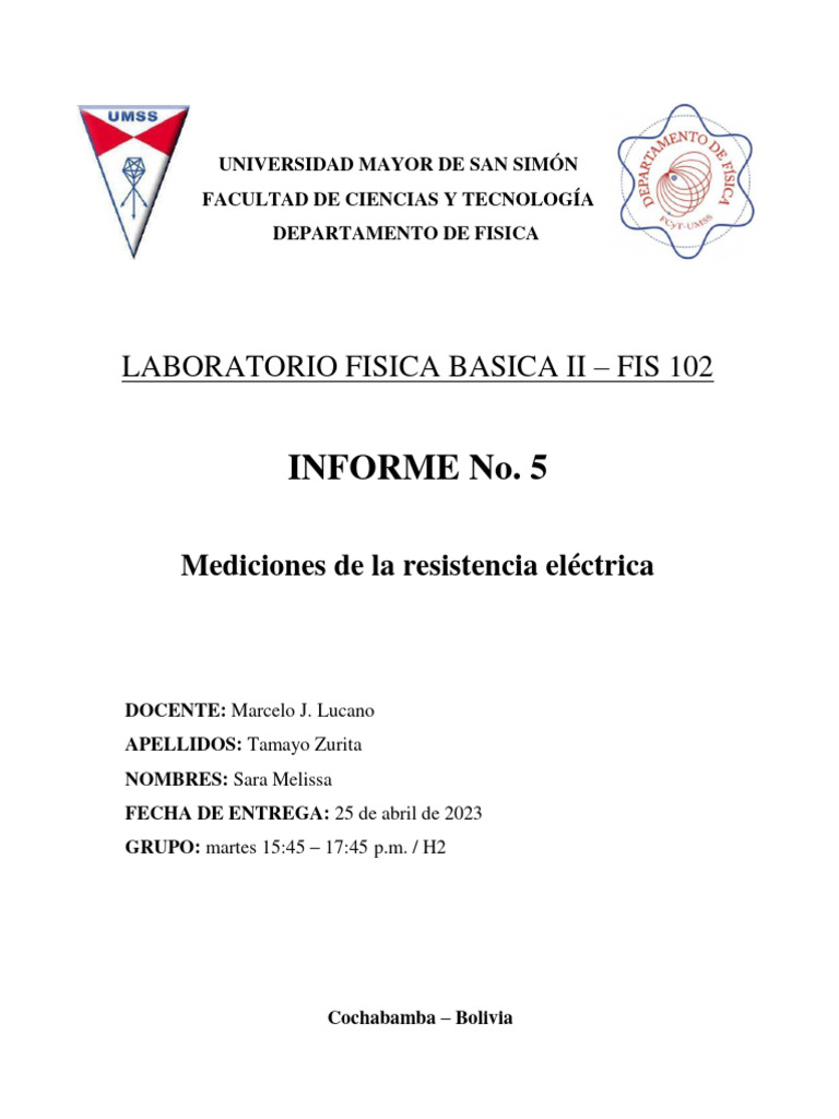 Informe #5 Medicione de La Resistencia Electrica | PDF | Resistencia Eléctrica y Conductancia ...