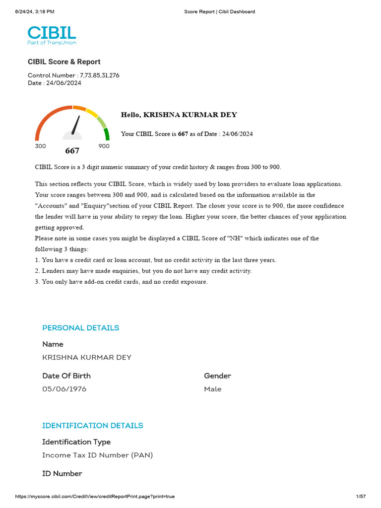 CIBIL Score Report for Krishna Dey | PDF | Finance & Money Management ...